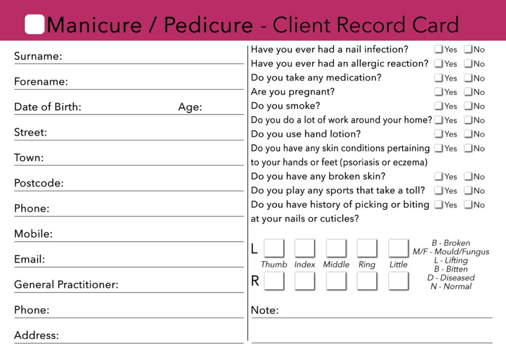 Manicure Consultation Form - The Beauty Training School